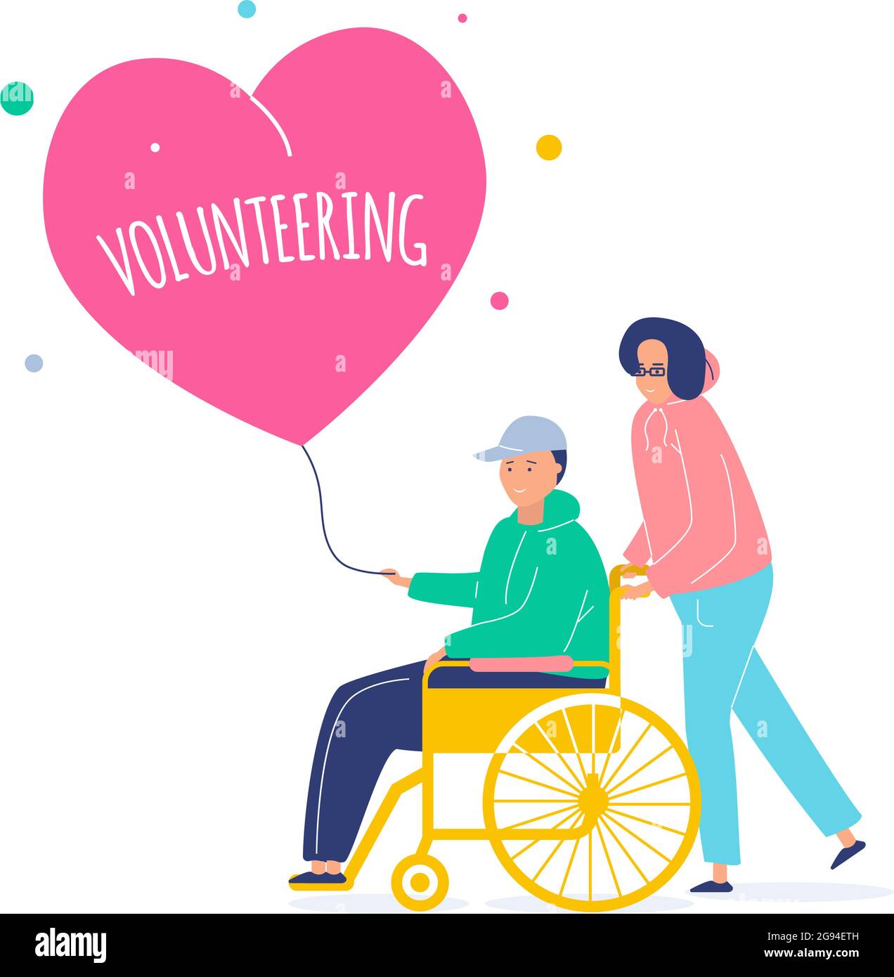 A volunteer helps a man in a wheelchair. Helping hand and heart. Vector ...