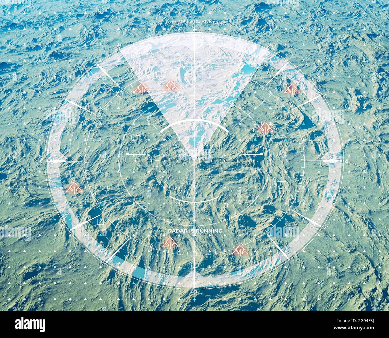 War action, drone terrain view. Strategic goals. Radar and enemy ...