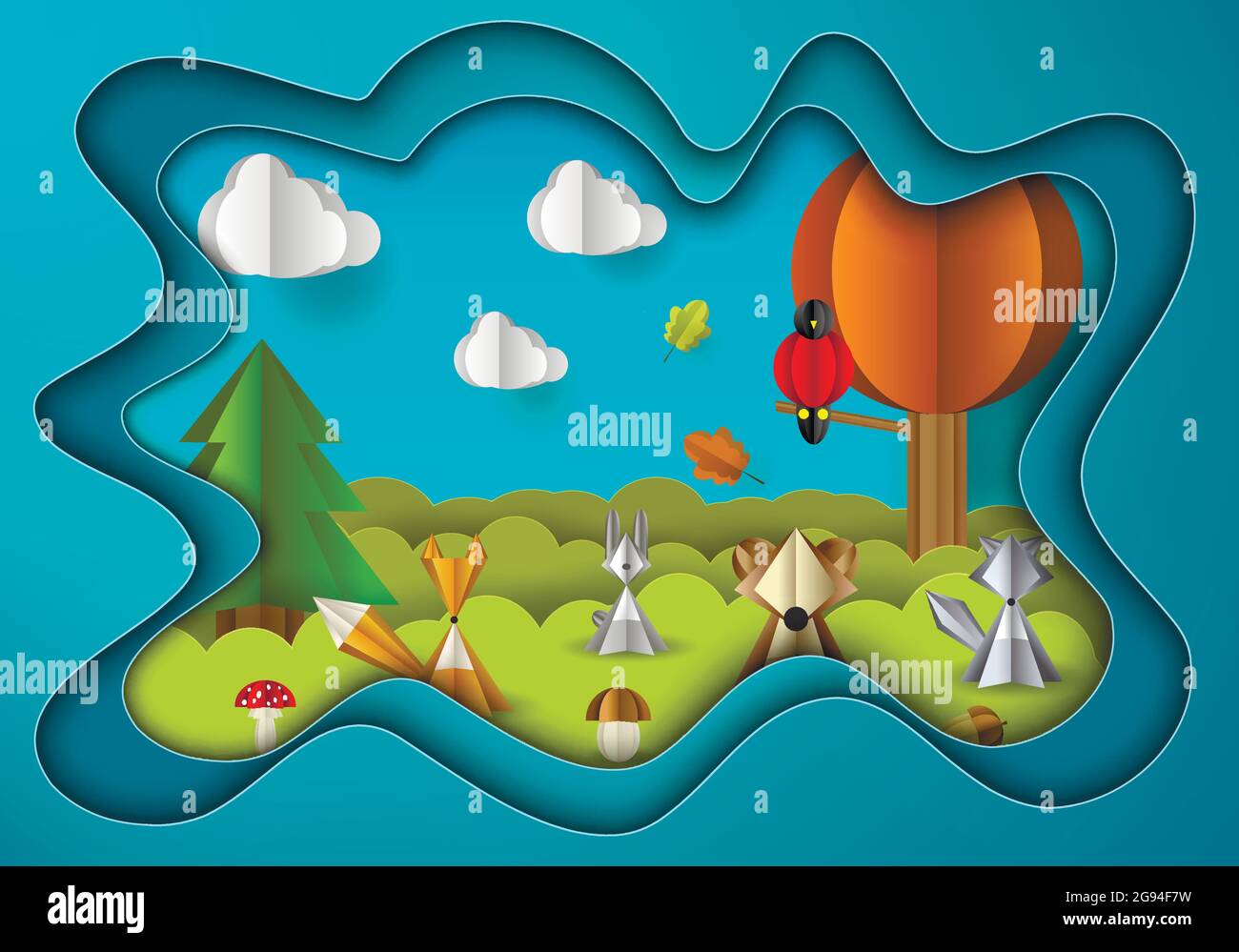 Vector illustration of paper cut with layers. Forest with wild animals ...