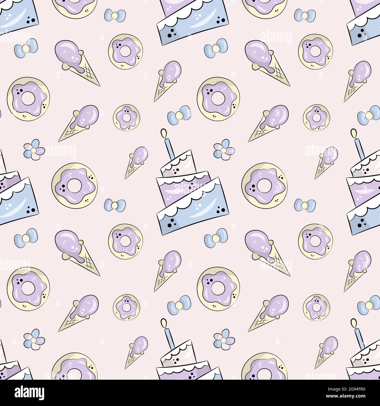 Vector pattern with cute cake, cice cream, donut and stars. Magic hand ...