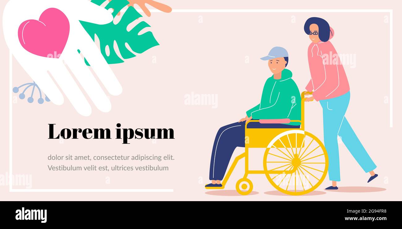 A volunteer helps a man in a wheelchair. Helping hand and heart ...