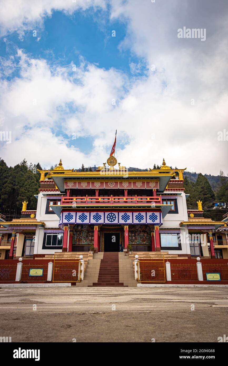 ancient buddhist colorful monastery with cloudy sky from different ...