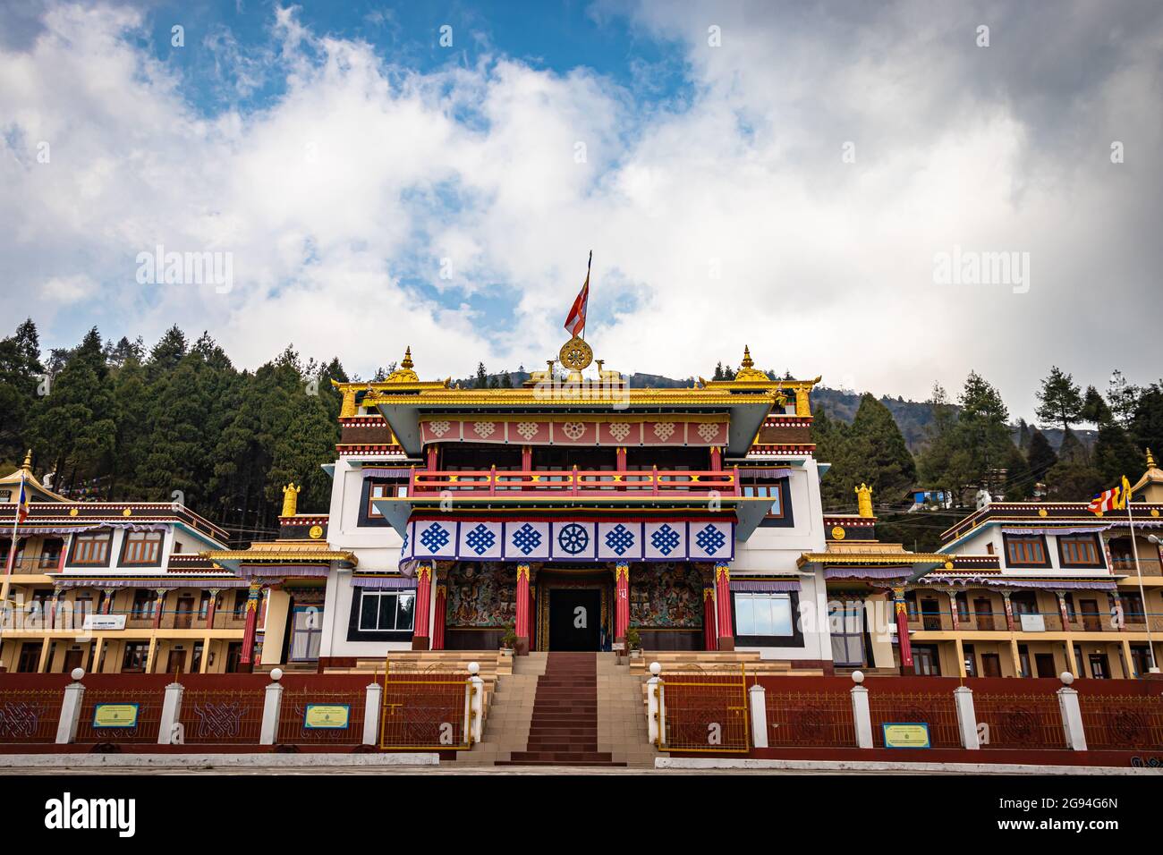ancient buddhist colorful monastery with blue sky from different angle ...