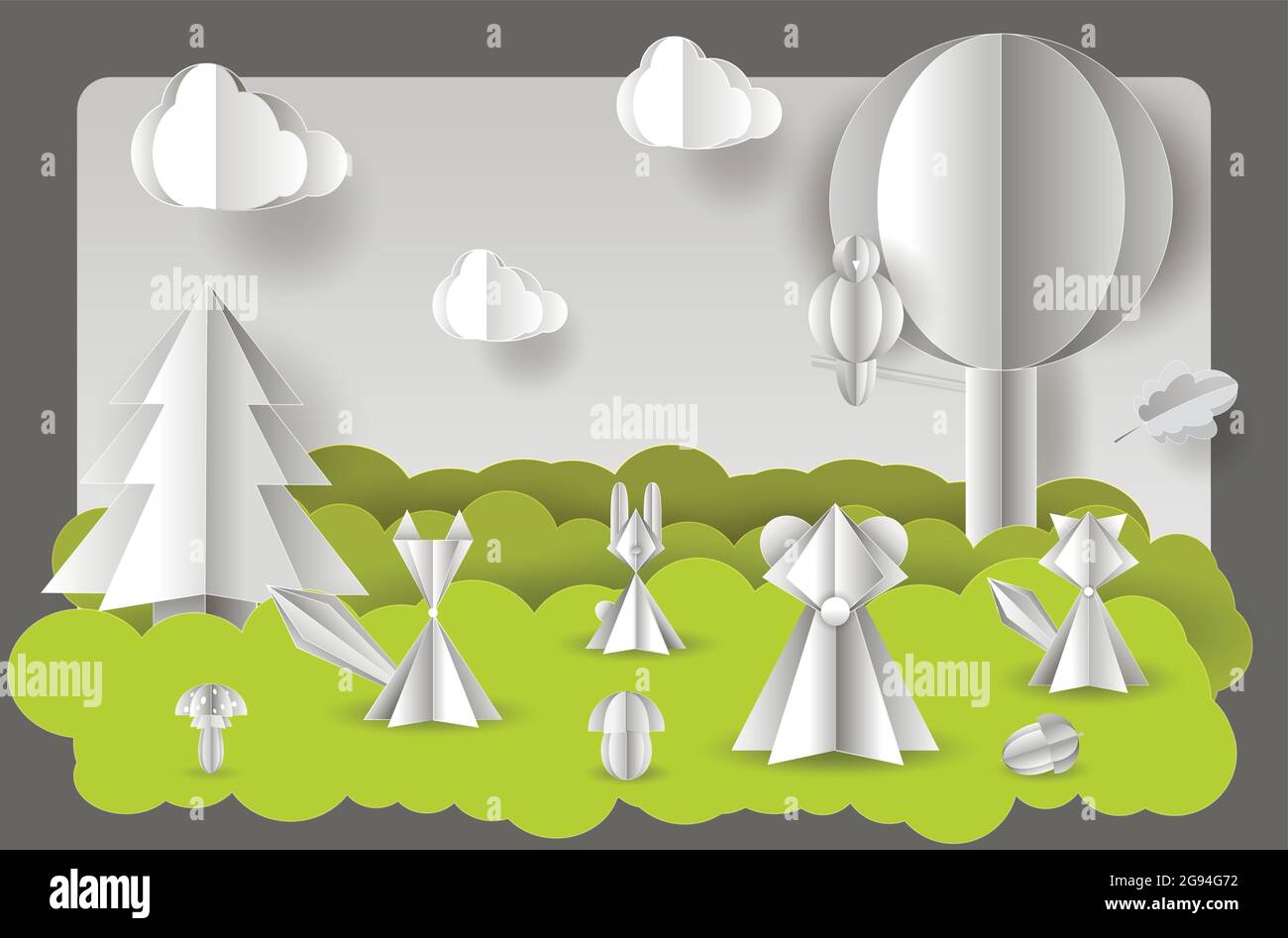 Vector illustration of paper cut with layers. Forest with wild animals ...