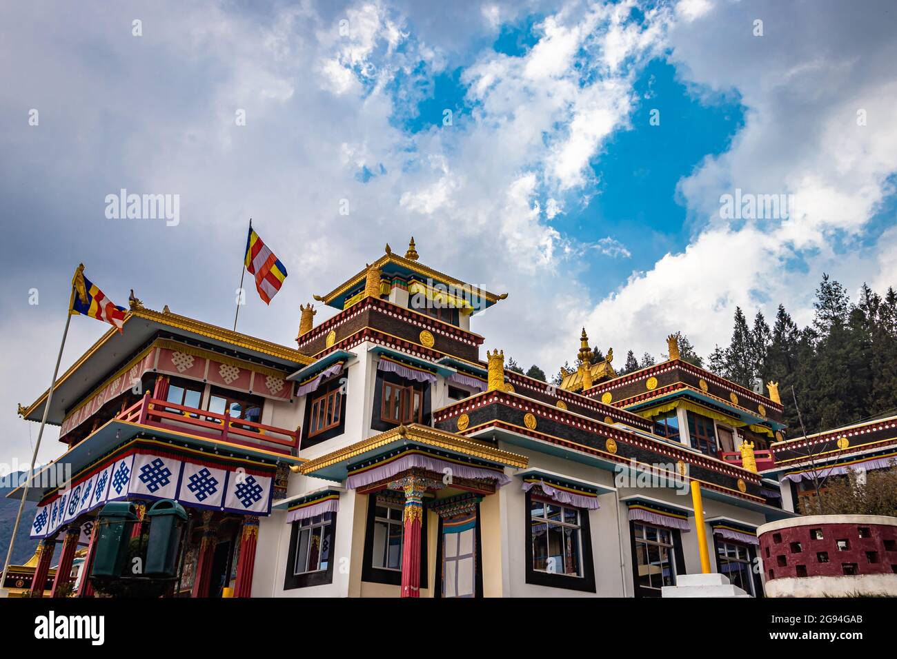 ancient buddhist colorful monastery with blue sky from different angle ...