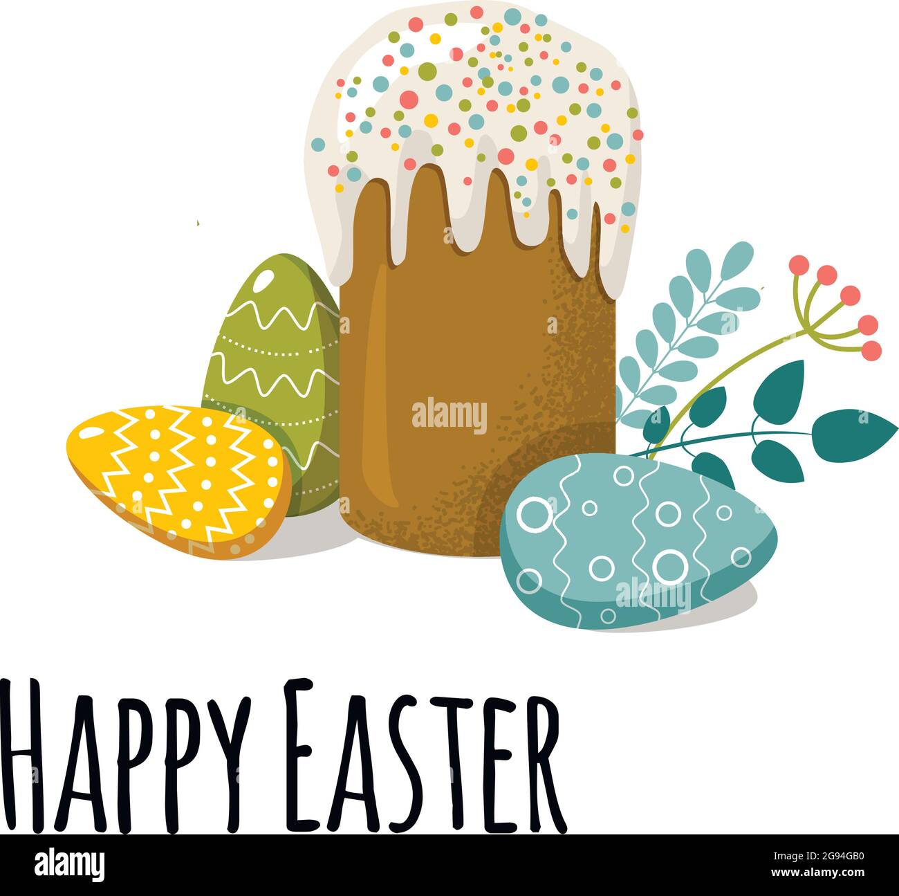 Vector illustration on the theme of Easter with cake, eggs and rabbit ...