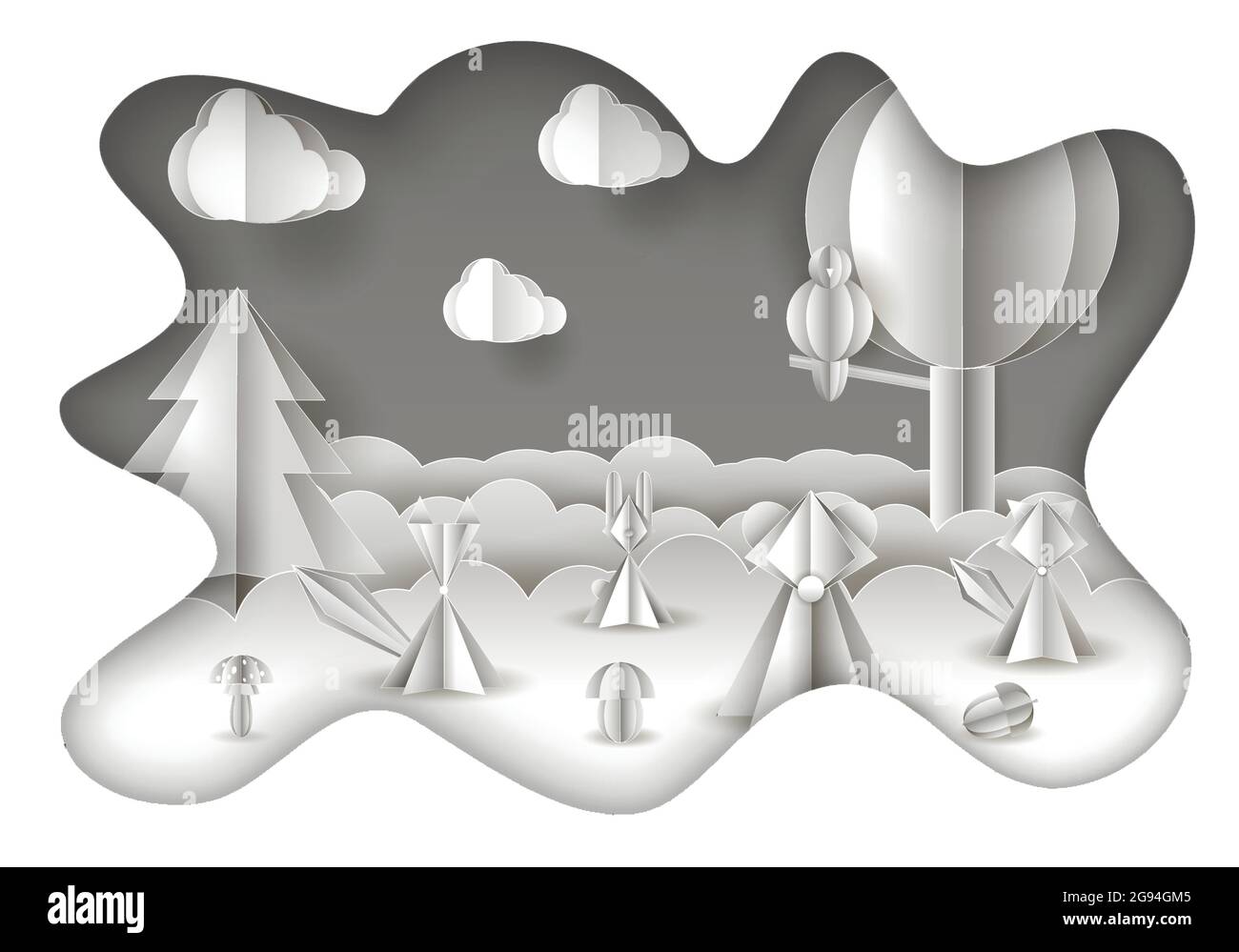 Vector illustration of paper cut with layers. Forest with wild animals ...