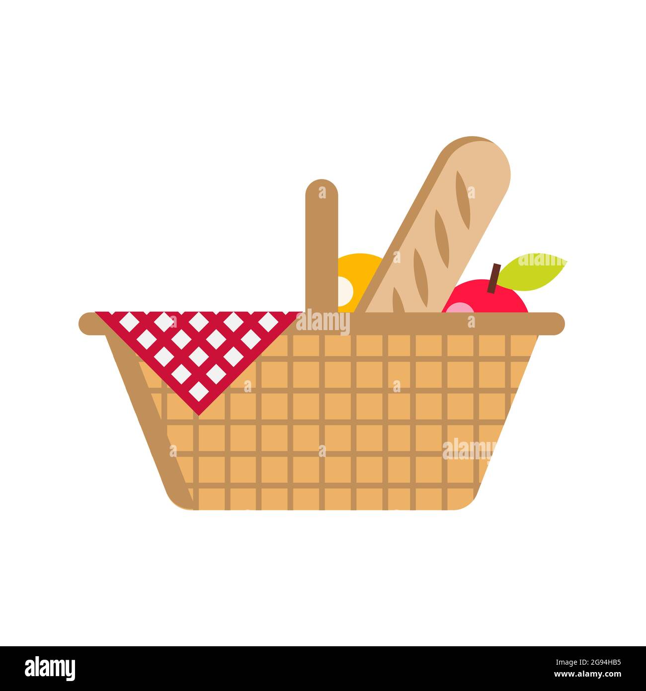 Vector flat illustration. Picnic basket with food. Bread, apple, orange ...