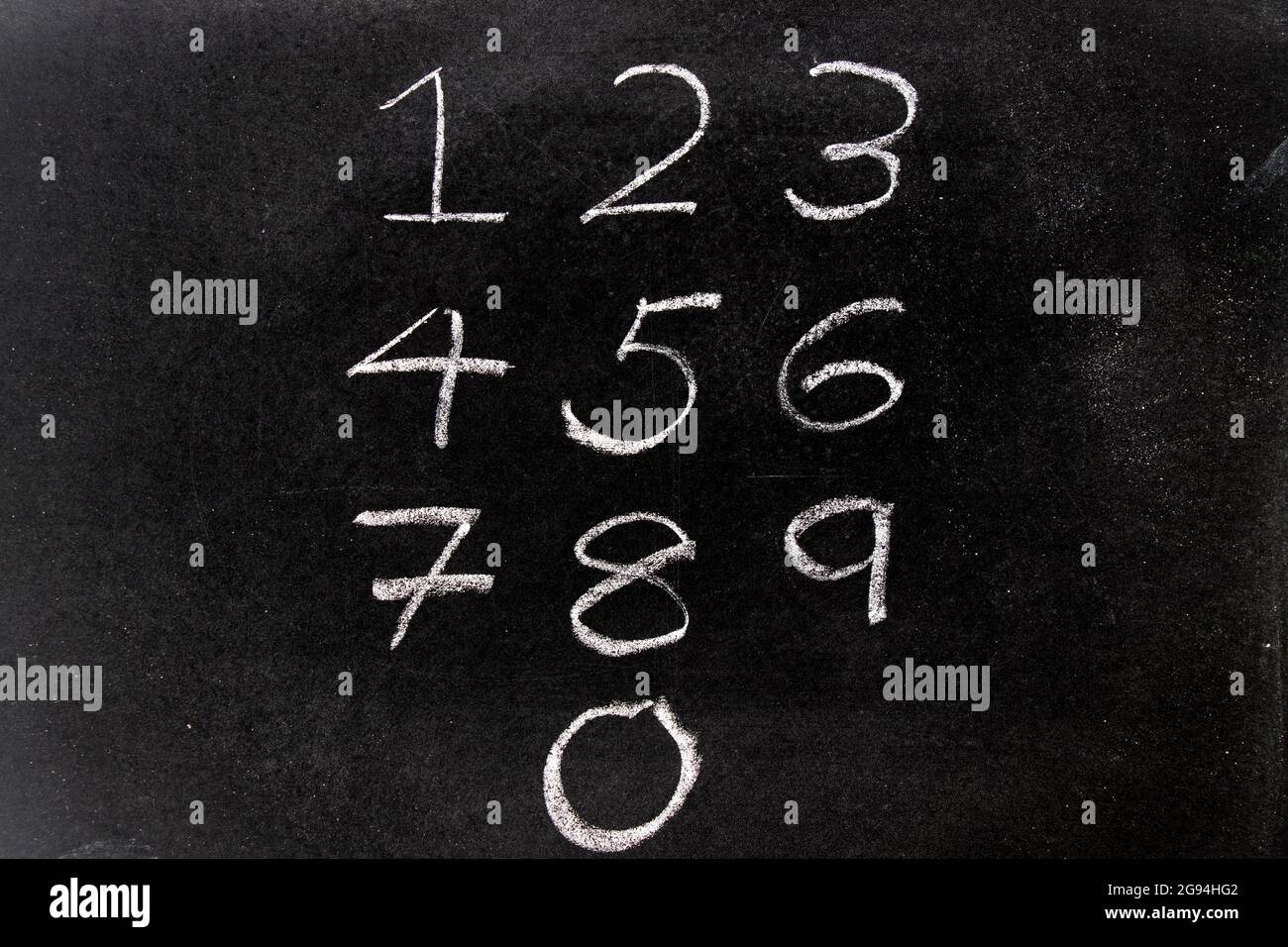 White chalk hand drawing in number 0-9 shape on blackboard background ...