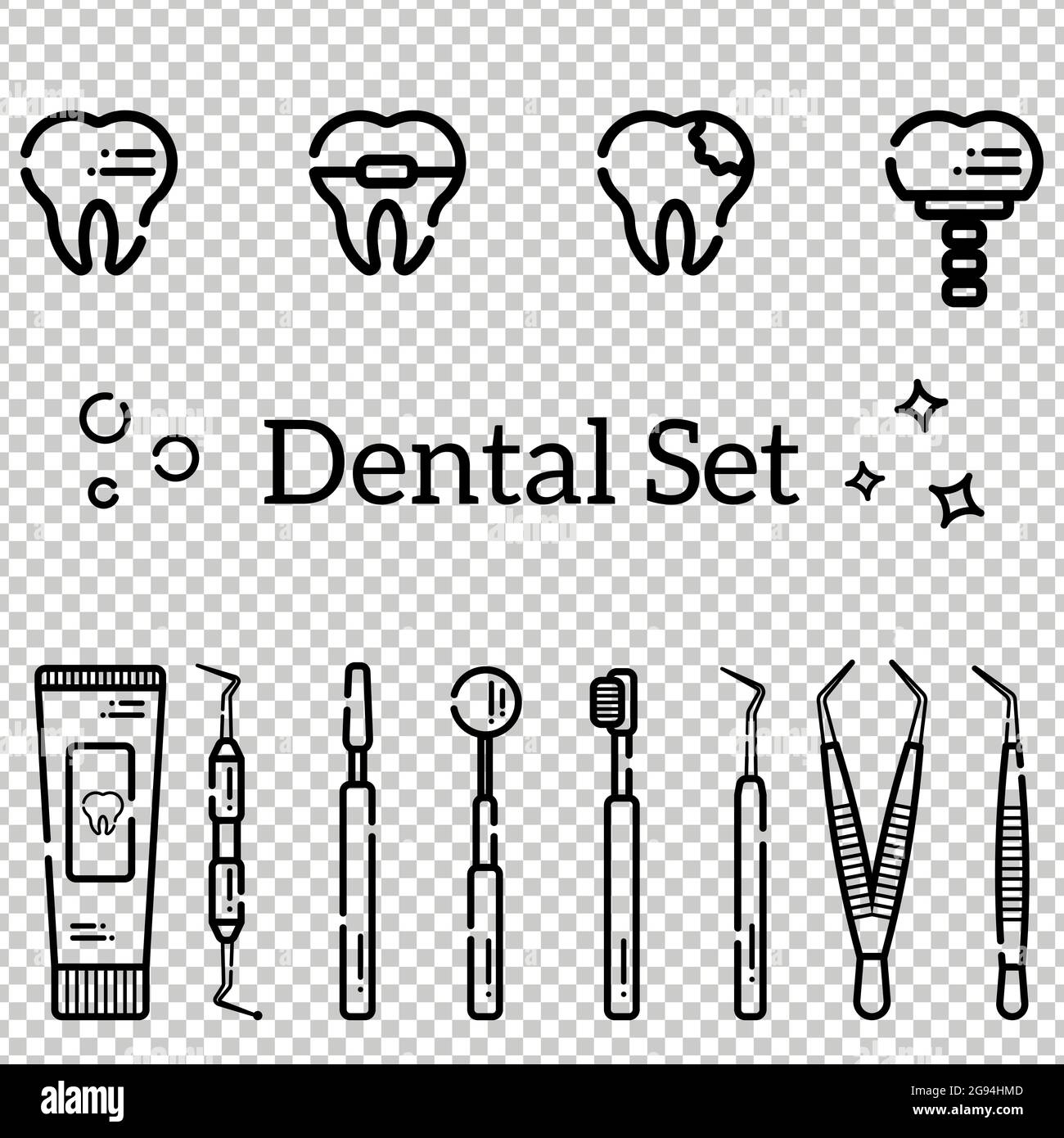 Vector set of flat dental tools and teeth with caries, braces and an ...