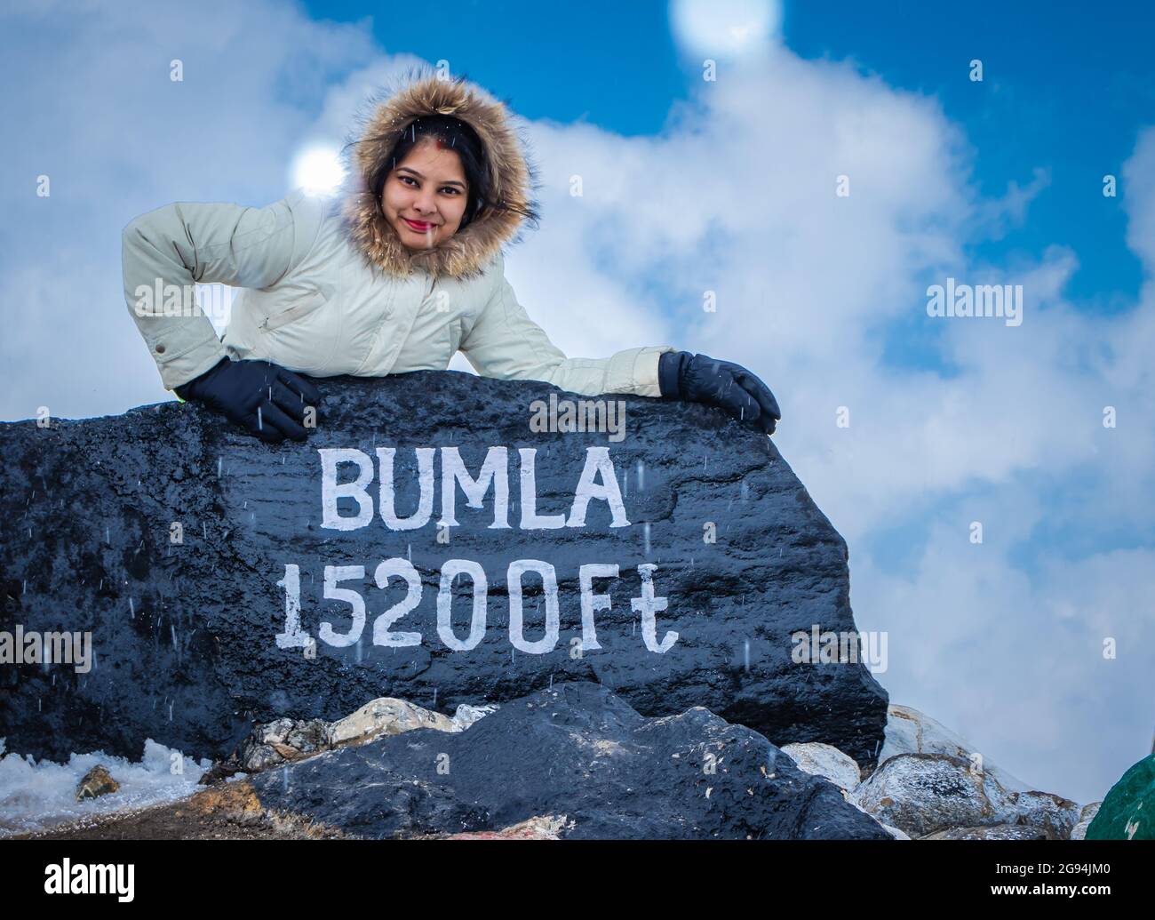 young girl isolated at bumla pass india china border milestone board ...