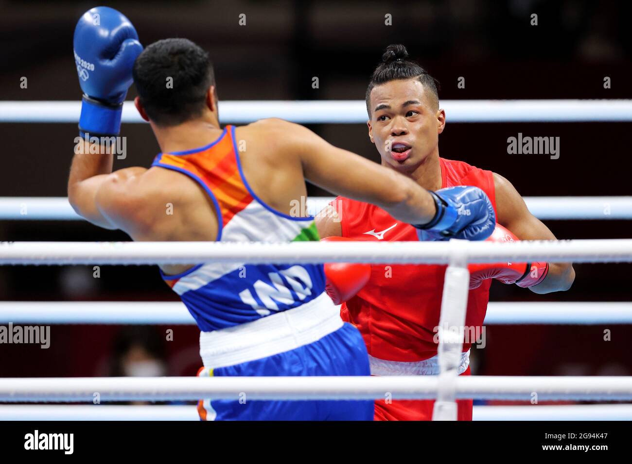 Tokyo, Japan. 24th July, 2021. (L-R) Vikas Krishan (IND), Sewon Okazawa ...