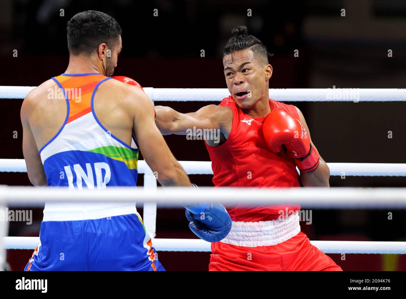 Tokyo, Japan. 24th July, 2021. (L-R) Vikas Krishan (IND), Sewon Okazawa ...
