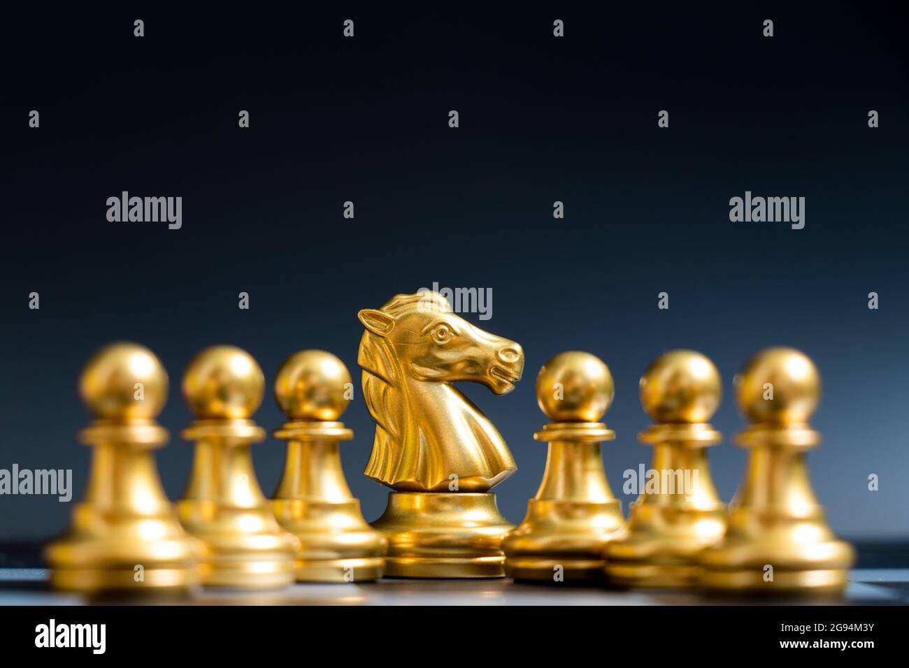 Gold knight chess piece stand with pawn on black background Stock Photo ...