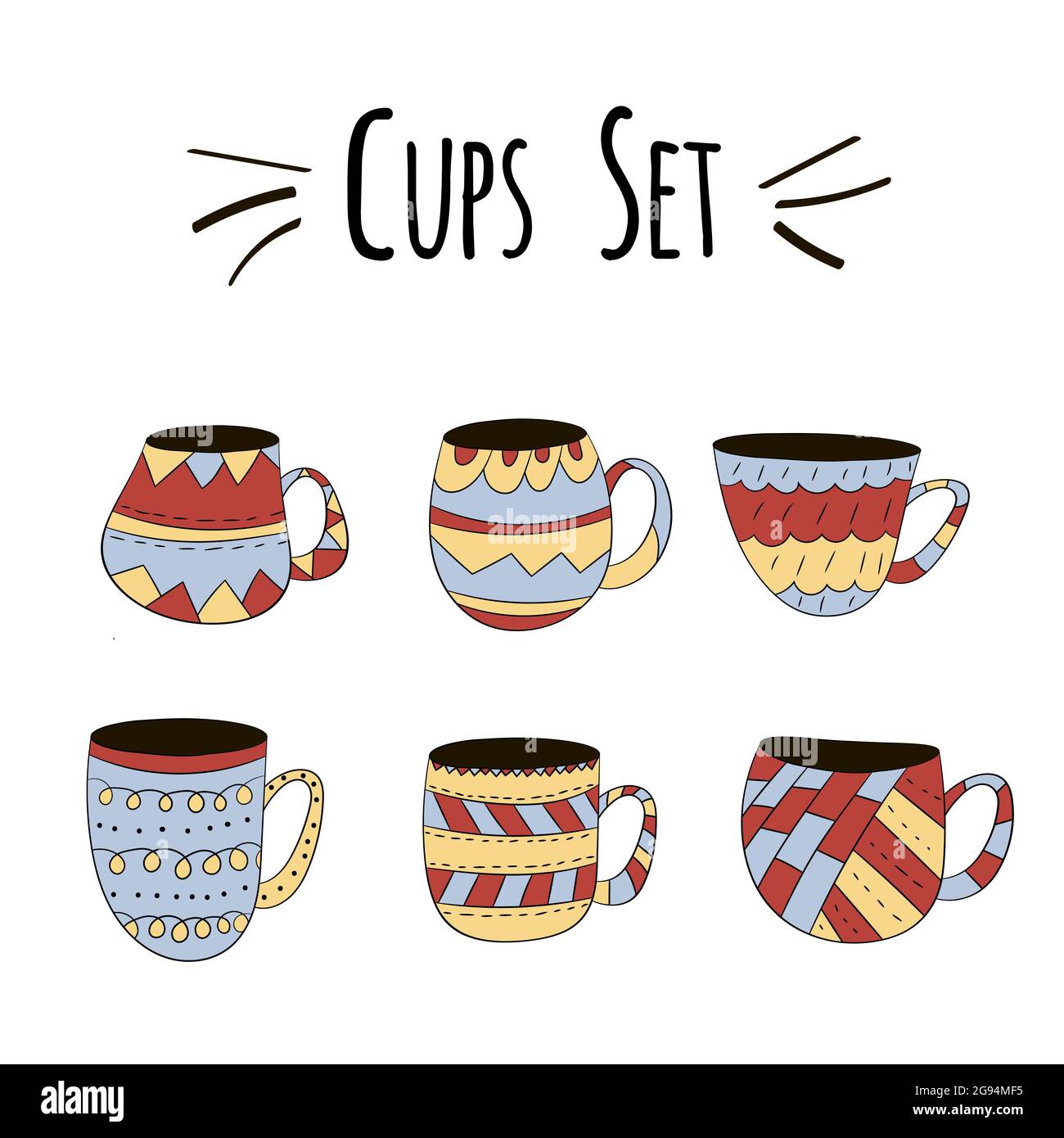 Vector set of cups of tea, coffee, milk to draw hands in Scandinavian ...