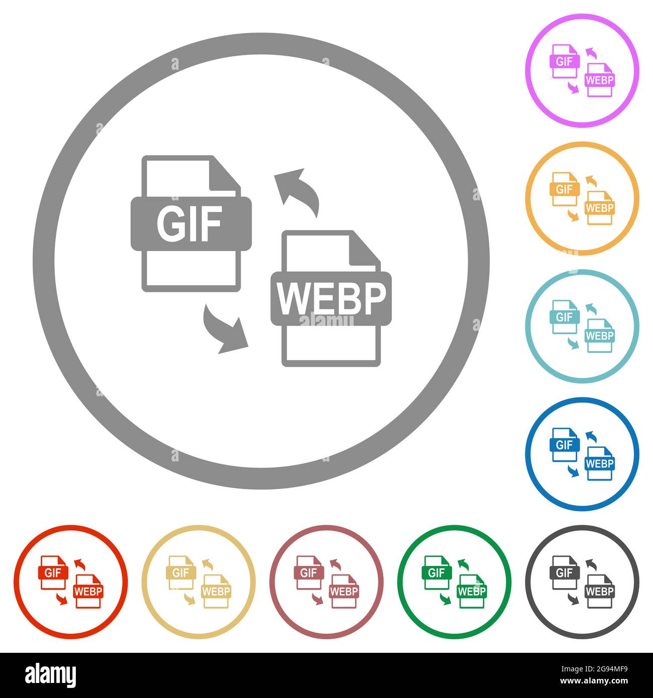 GIF WEBP file conversion flat color icons in round outlines on white ...
