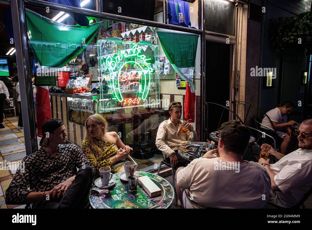 United Kingdom / London / People sitting at Bar Italia on Frith Street ...