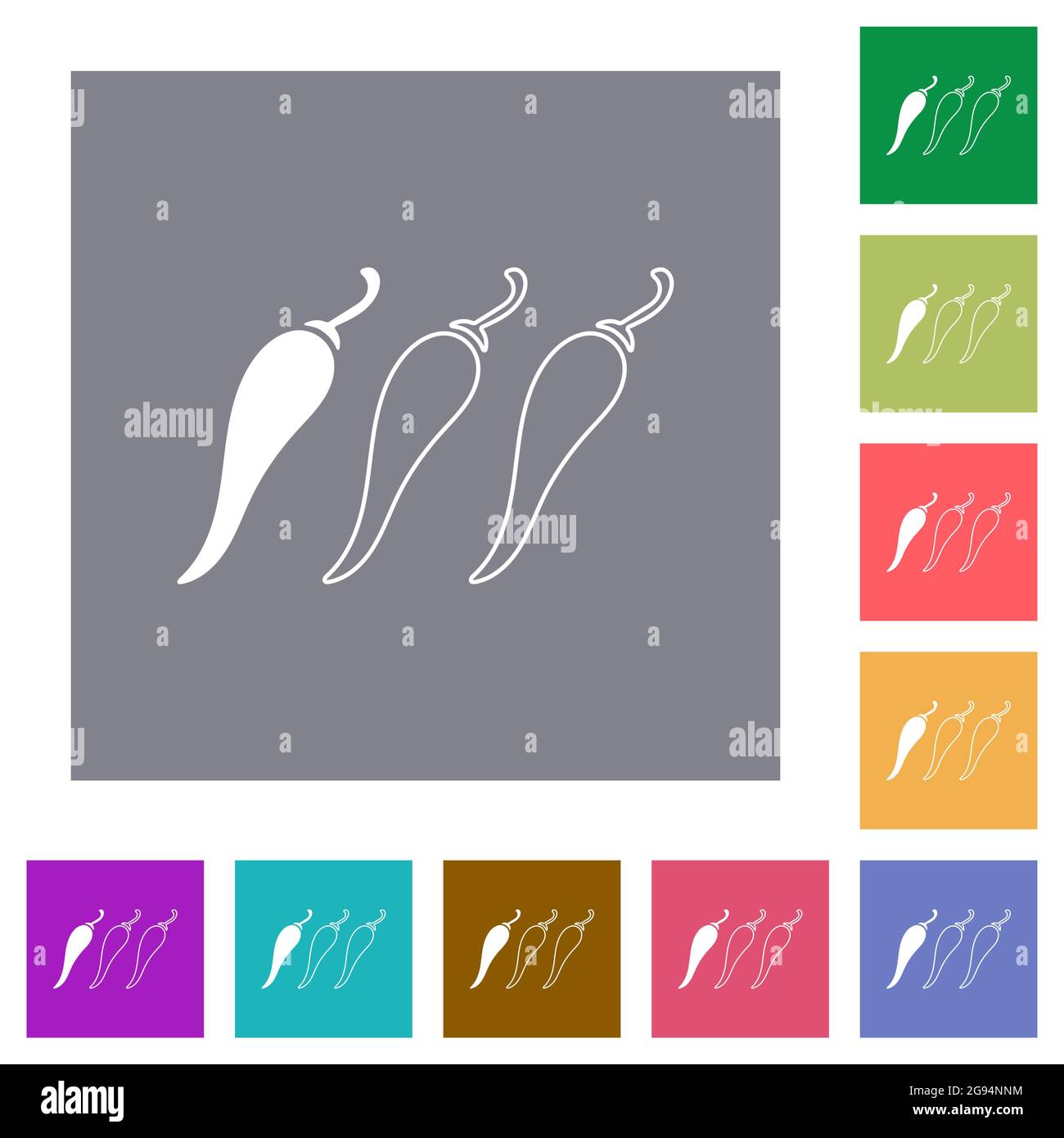 Mild chili pepper level flat icons on simple color square backgrounds ...
