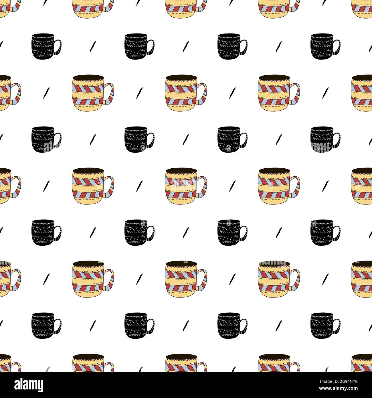 Vector seamless pattern of cups of coffee, tea, milk in Scandinavian ...