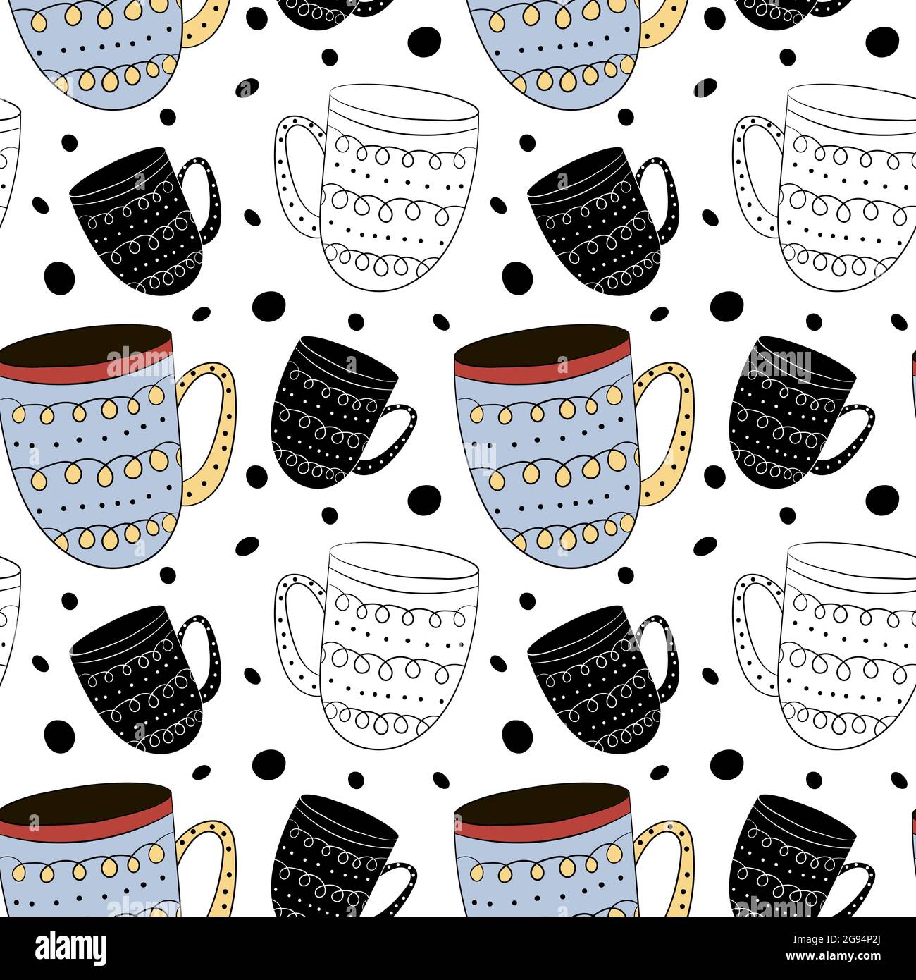 Vector seamless pattern of cups of coffee, tea, milk in Scandinavian ...