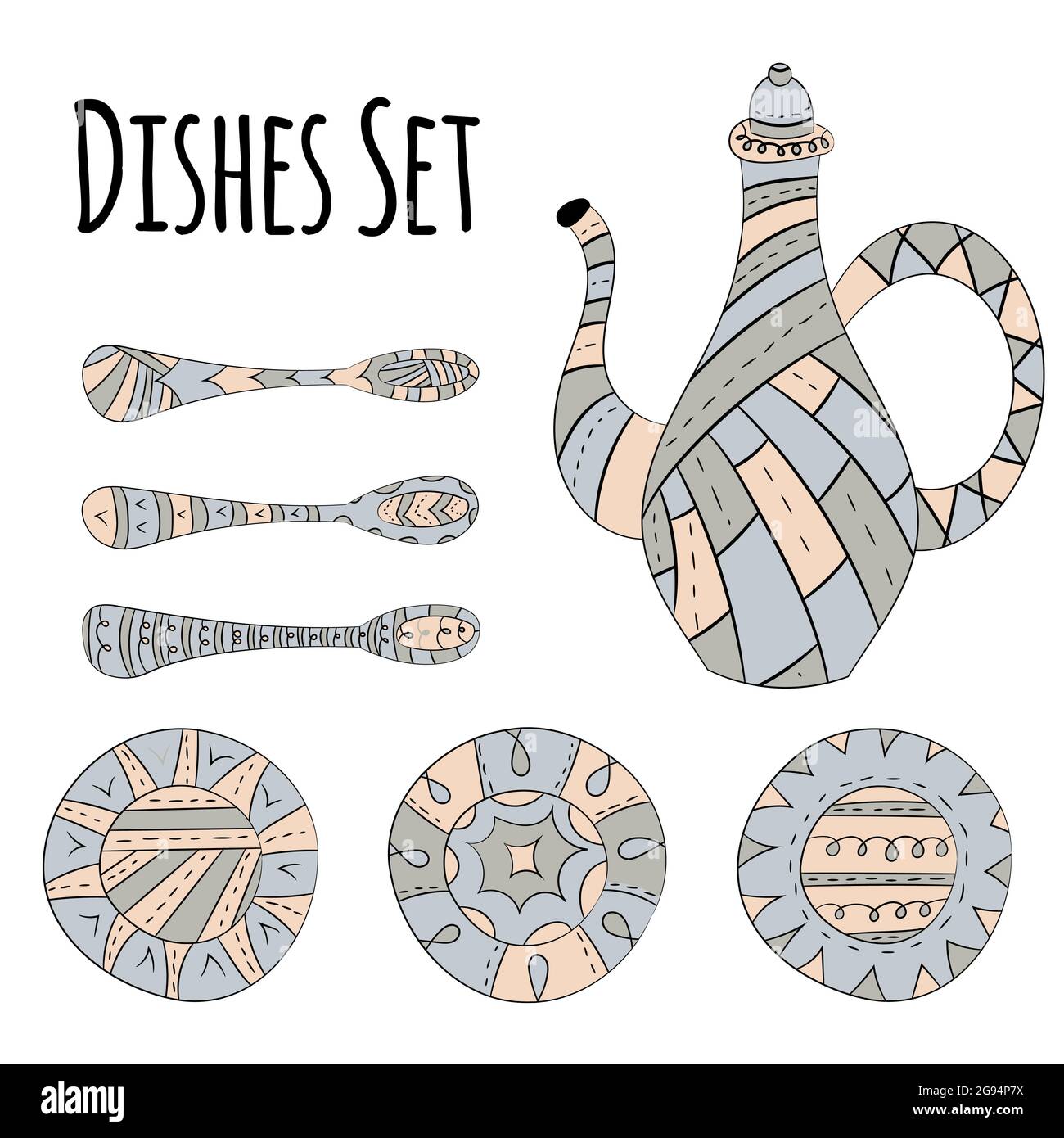 Vector set of dishes in Scandinavian style. Isolated objects on white ...