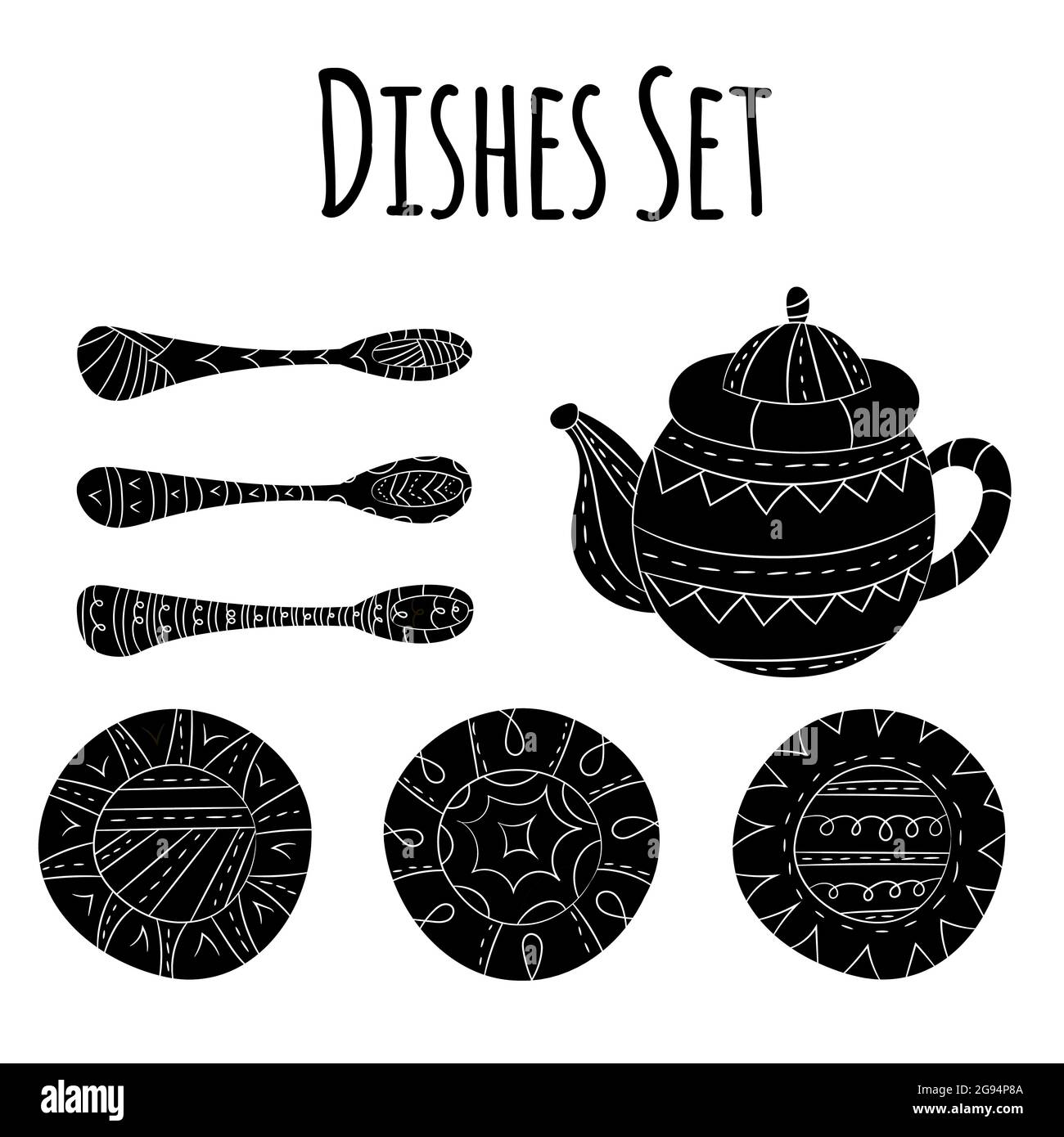 Vector set of dishes in Scandinavian style. Isolated objects on white ...