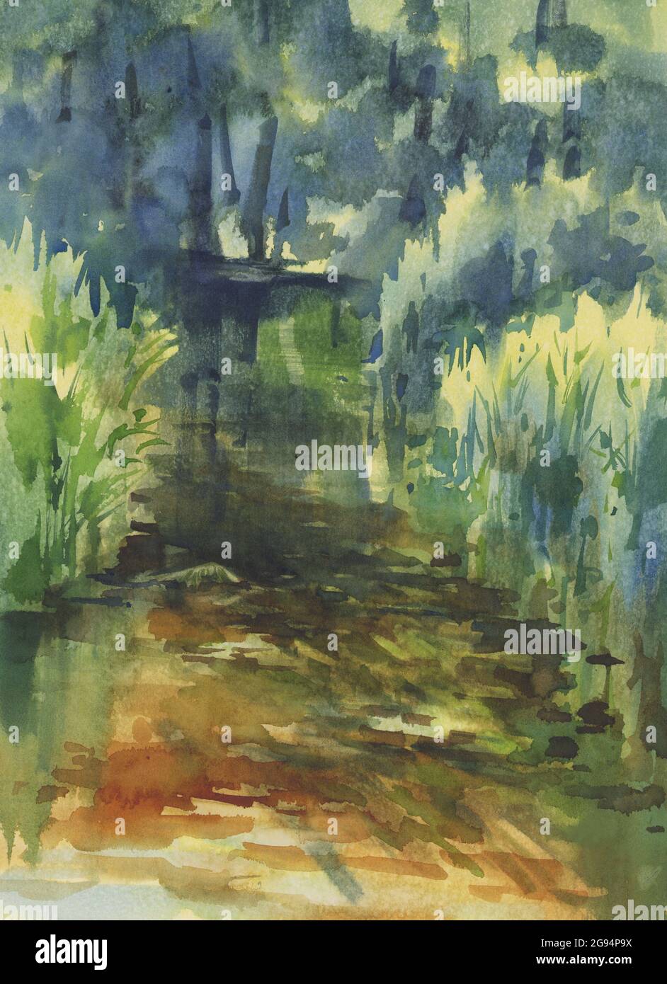 A stream in the forest in spring watercolor background Stock Photo - Alamy