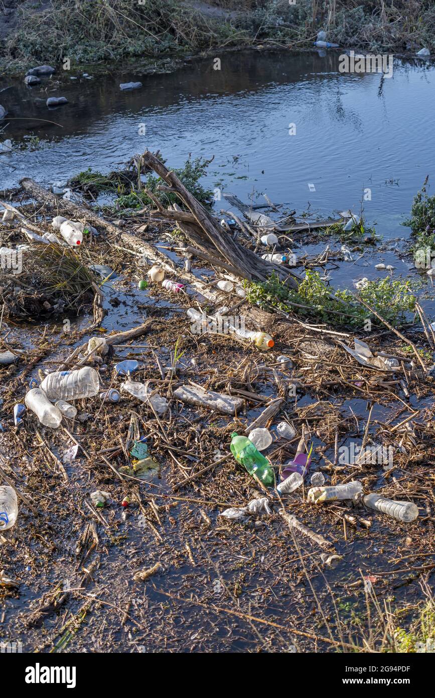 Closeup of lots of garbage on the river coast; environmental pollution ...