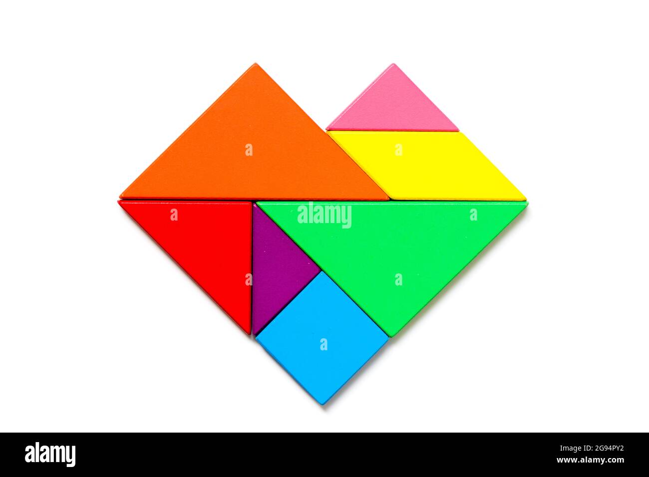 Color wood tangram puzzle in heart shape on white background Stock ...