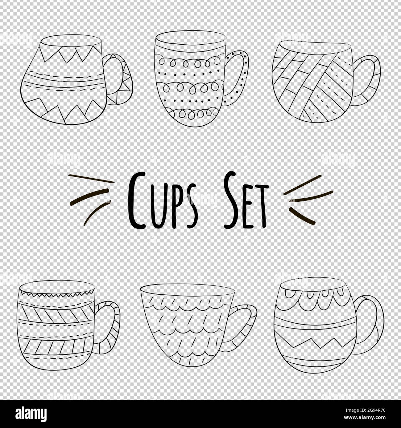 Vector set of transparent cups of tea, coffee, milk, draw with hands in ...
