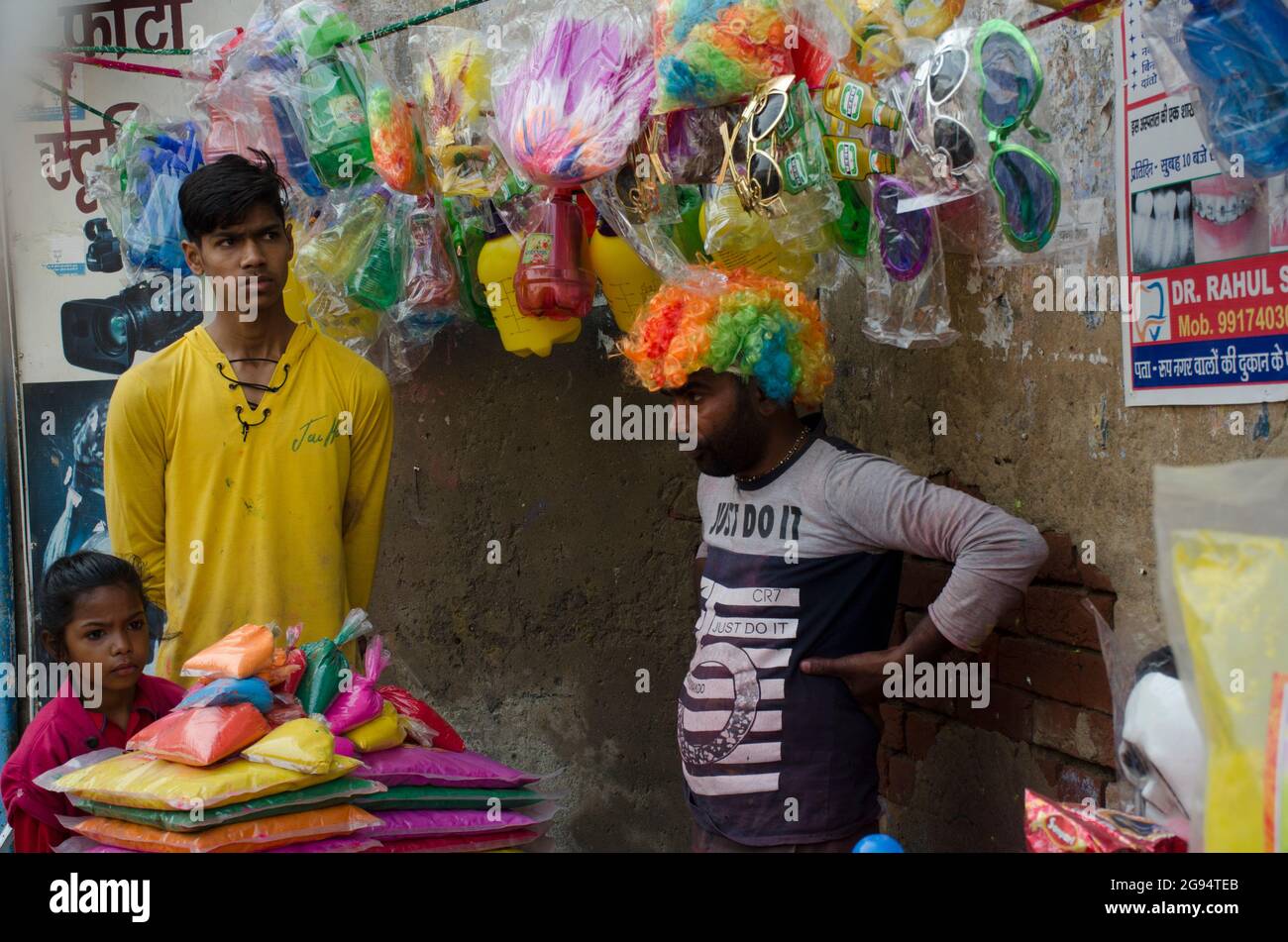 Children are selling colors on the day of color festival in Inda Stock ...