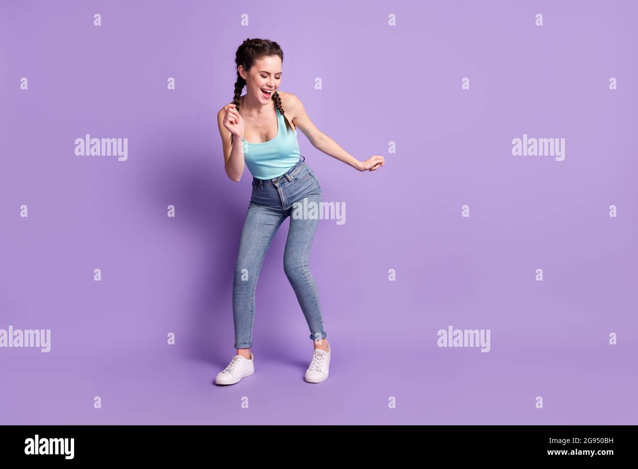 Full length body size photo of dancing woman wearing casual clothes ...