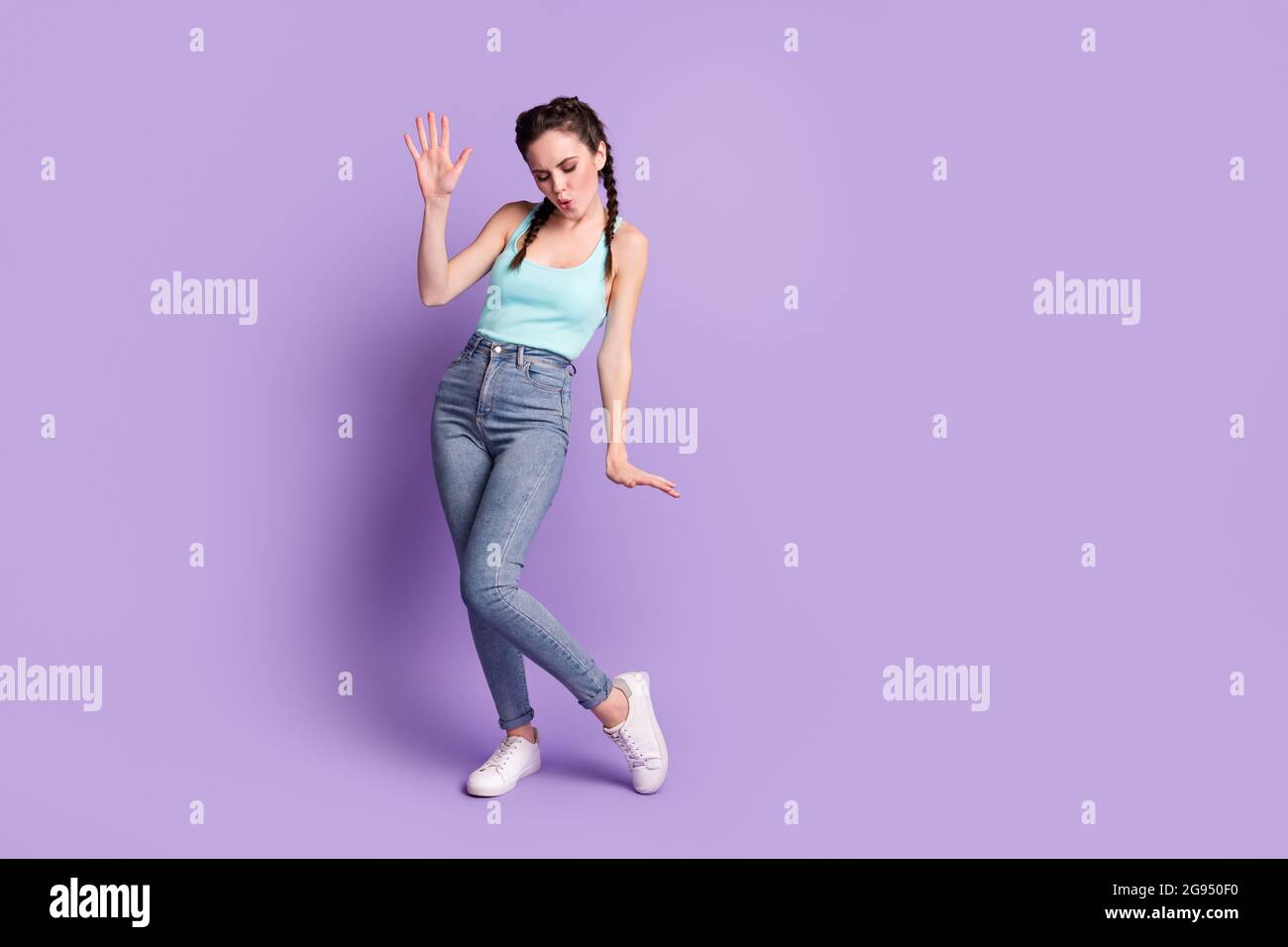 Full body photo of funky joyful young woman dance wear casual outfit ...