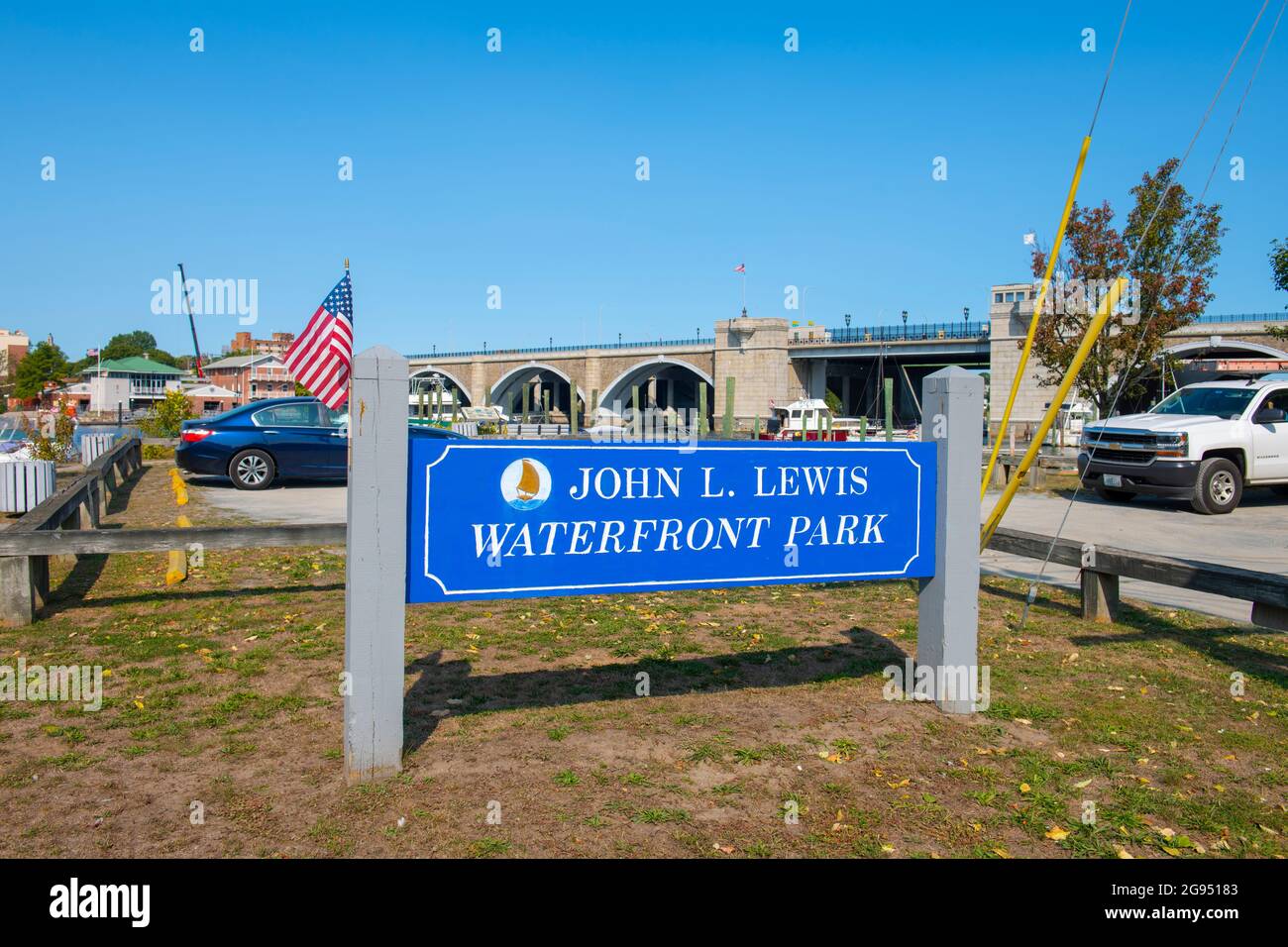 Sign of John L. Lewis Waterfront Park at Seekonk River with Washington ...