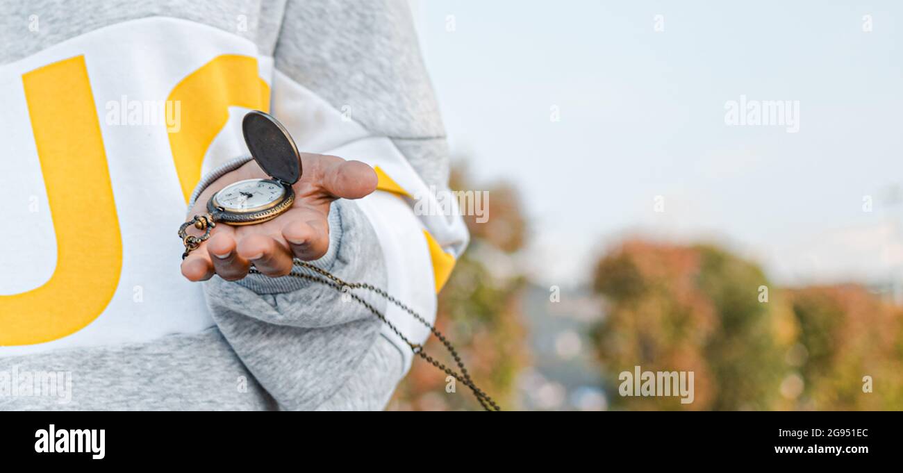 close up of hands with vintage pocket watch retro. banner Stock Photo ...