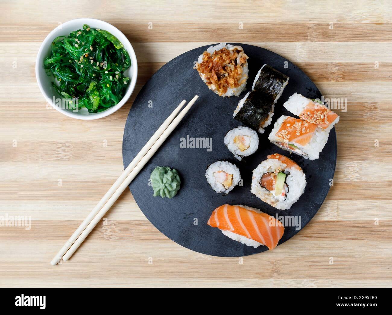 variety of sushi with wasabi and say souce Stock Photo - Alamy