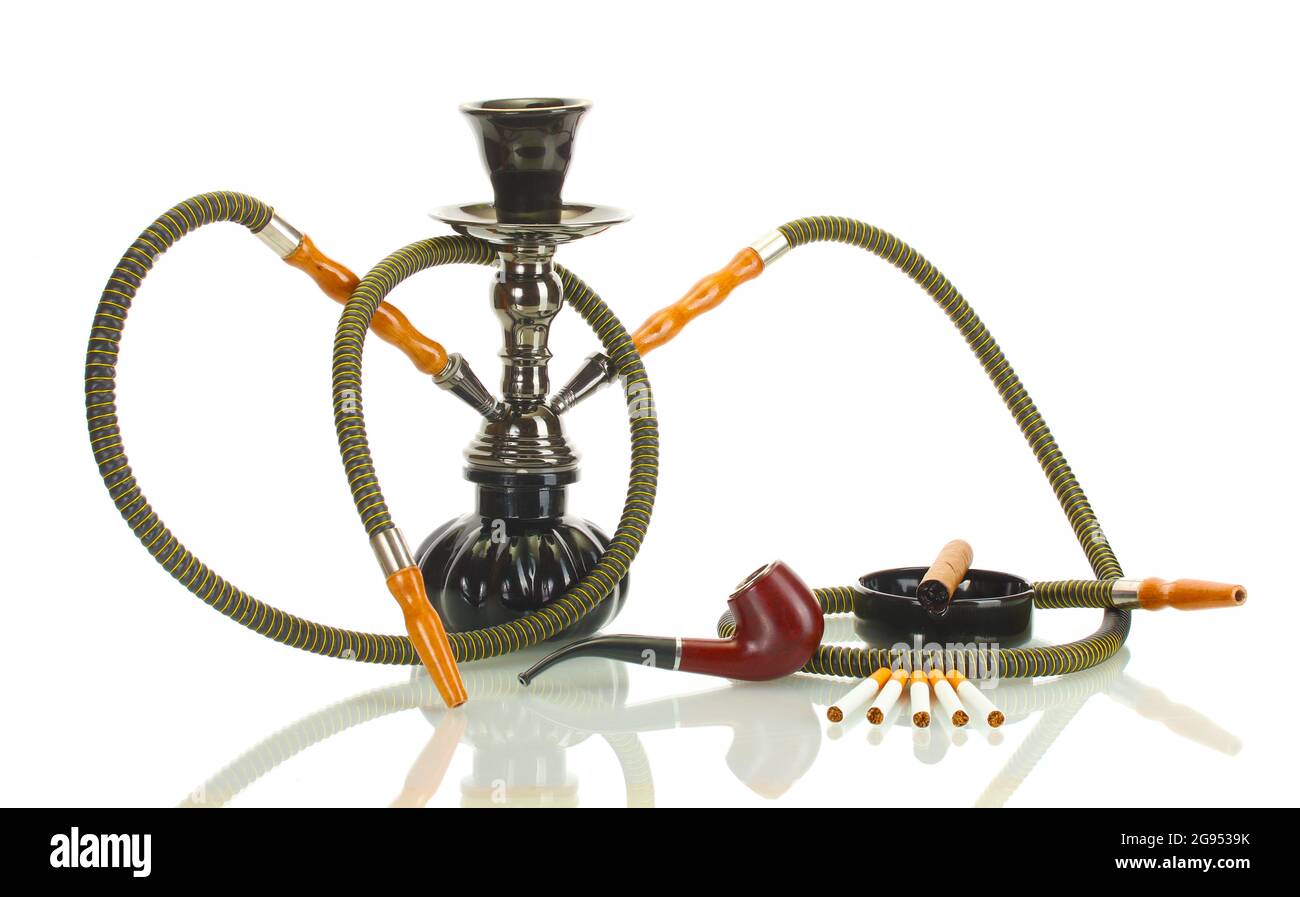 Smoking tools - a hookah, cigar, cigarette and pipe isolated on white ...