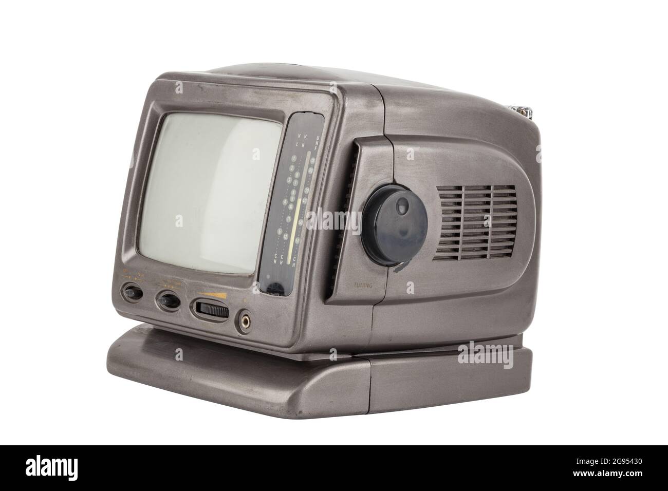 old used 5.5 inch protable analog crt tv unit isolated on white ...