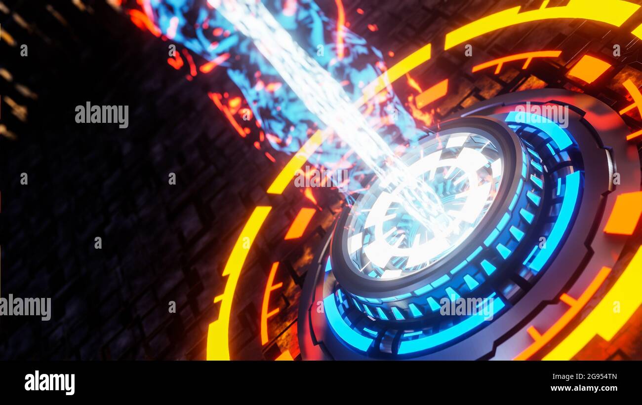 Power button Emits Particle Beam on black background. Sci-fi idea ...