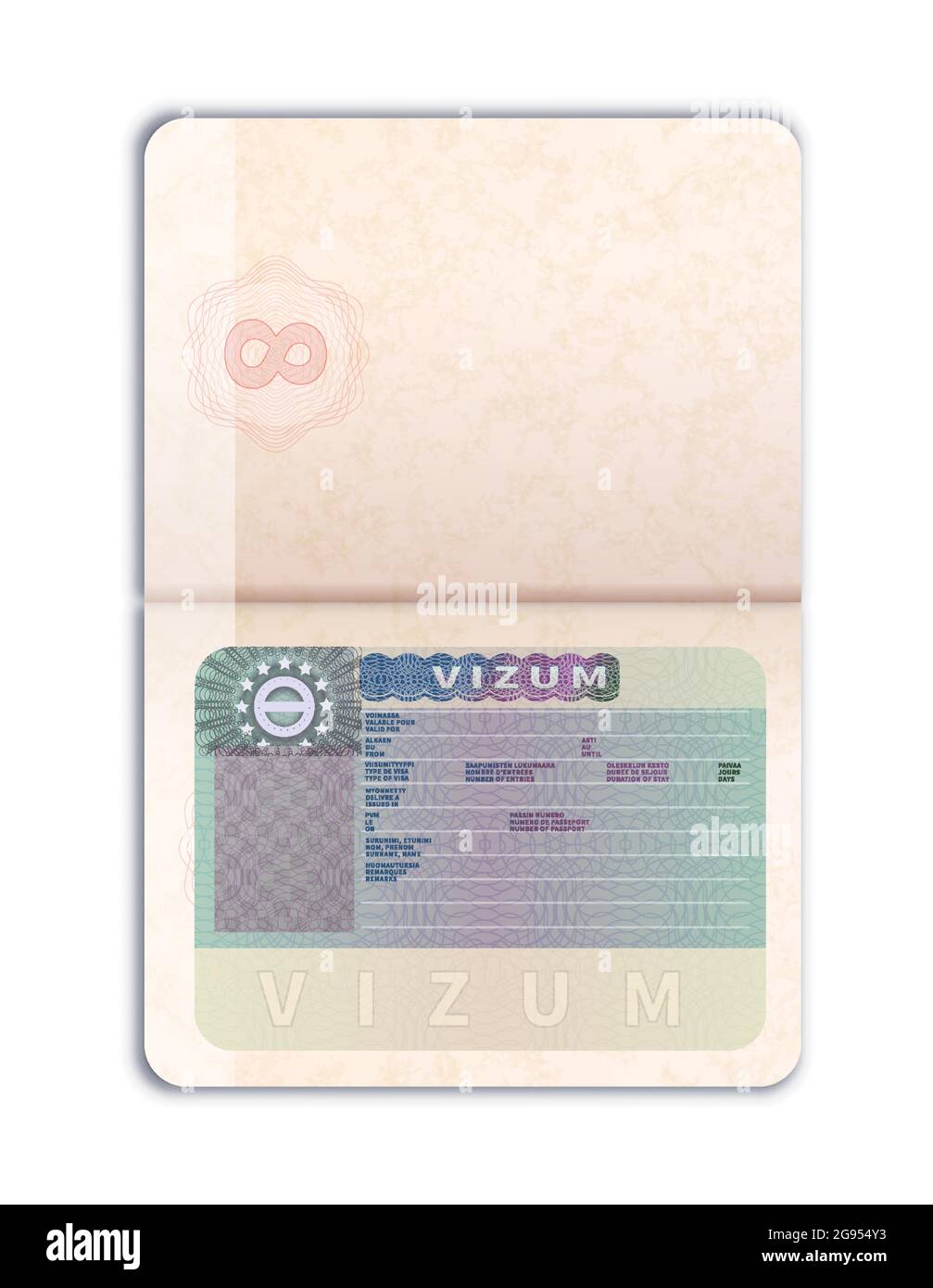 Open foreign passport with European Union visa realistic dummy template ...