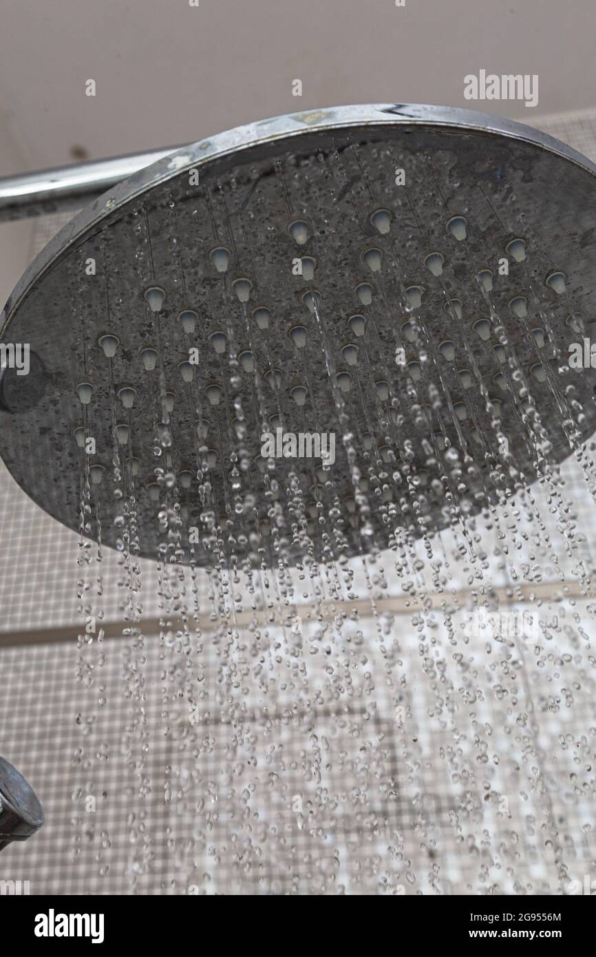 A close-up of the rain shower head with water droplets flowing out of ...