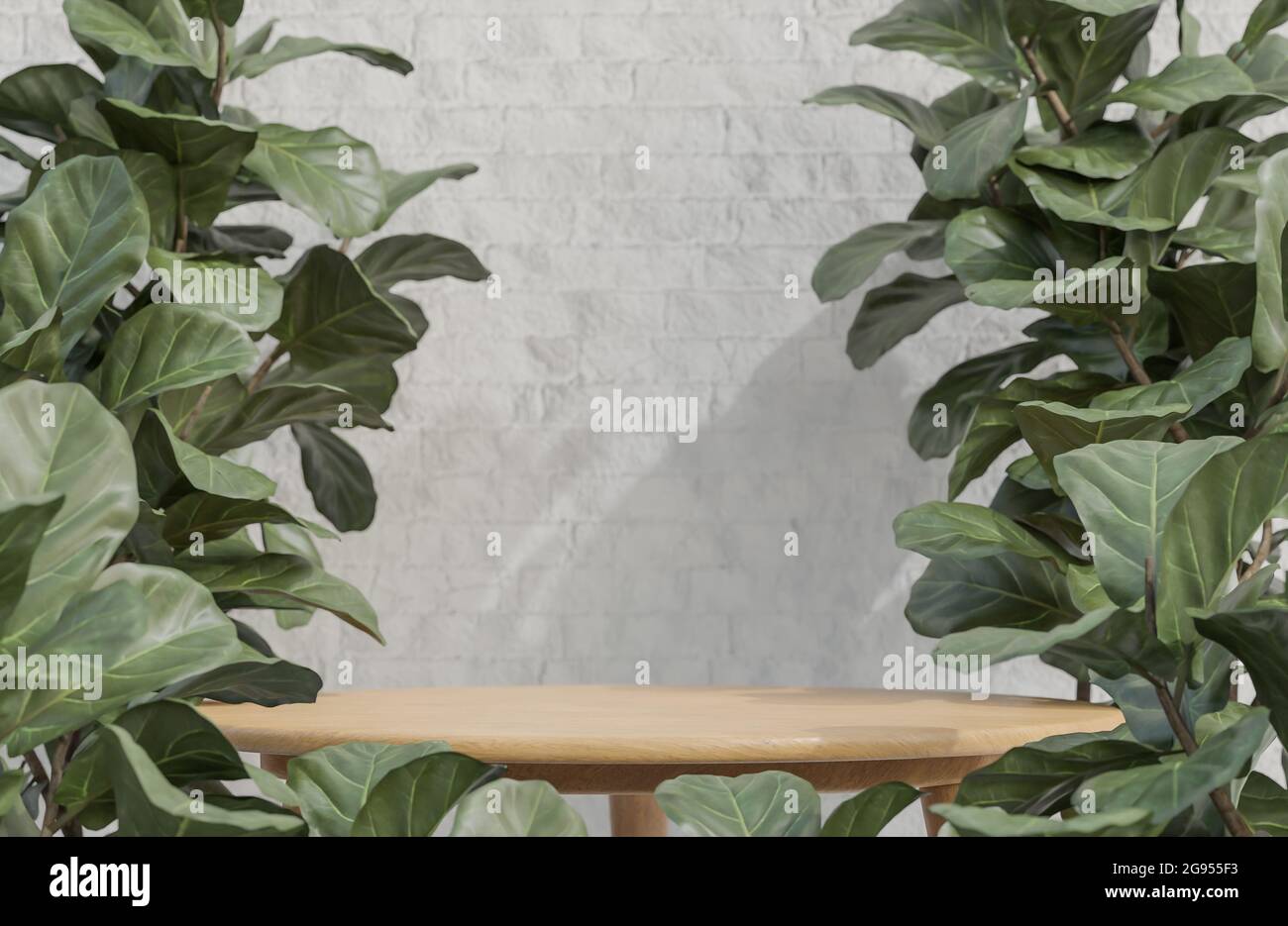 Wooden table podium for product presentation with plant on white brick ...