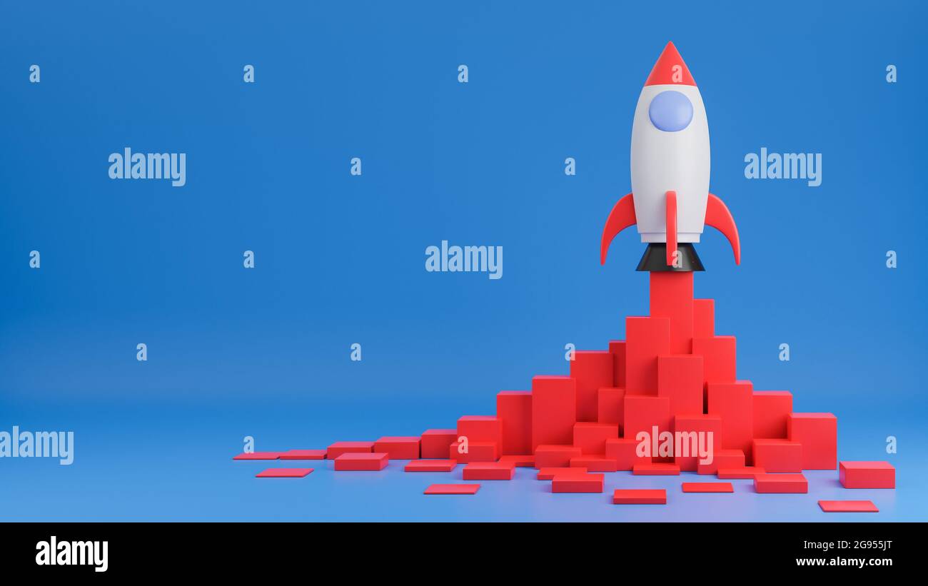 Rocket ship flies up with finance graph chart on blue background ...