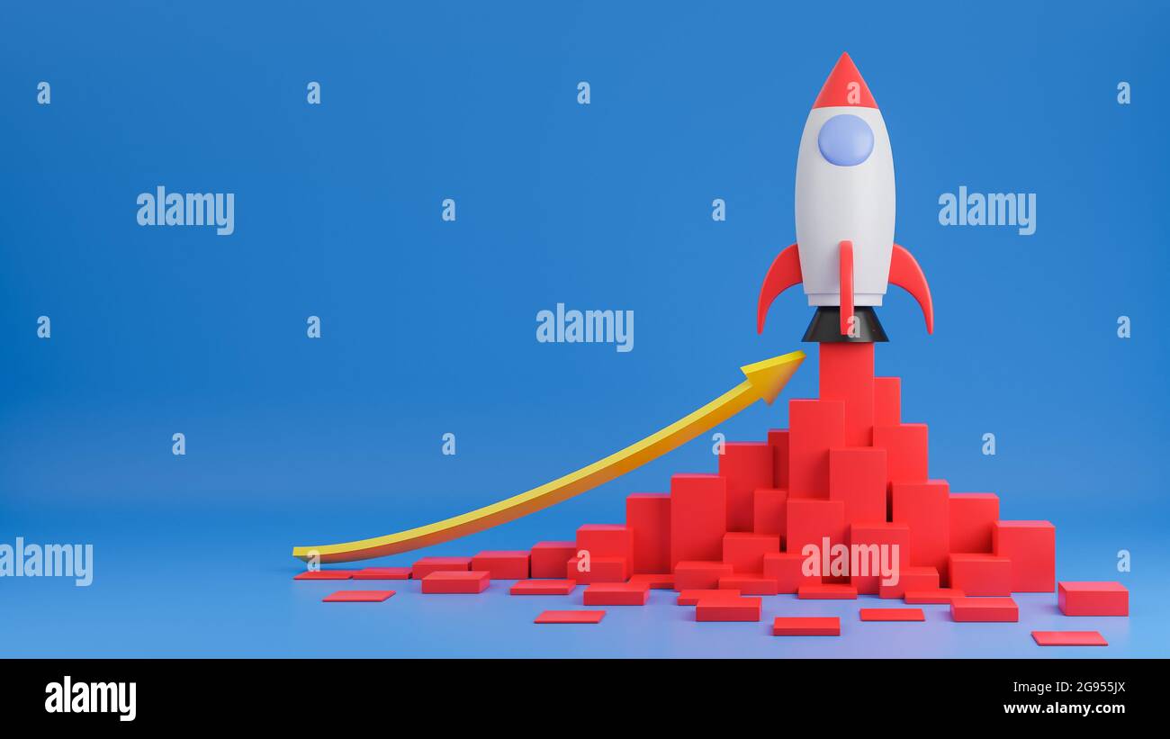 Rocket ship flies up with finance graph chart on blue background ...