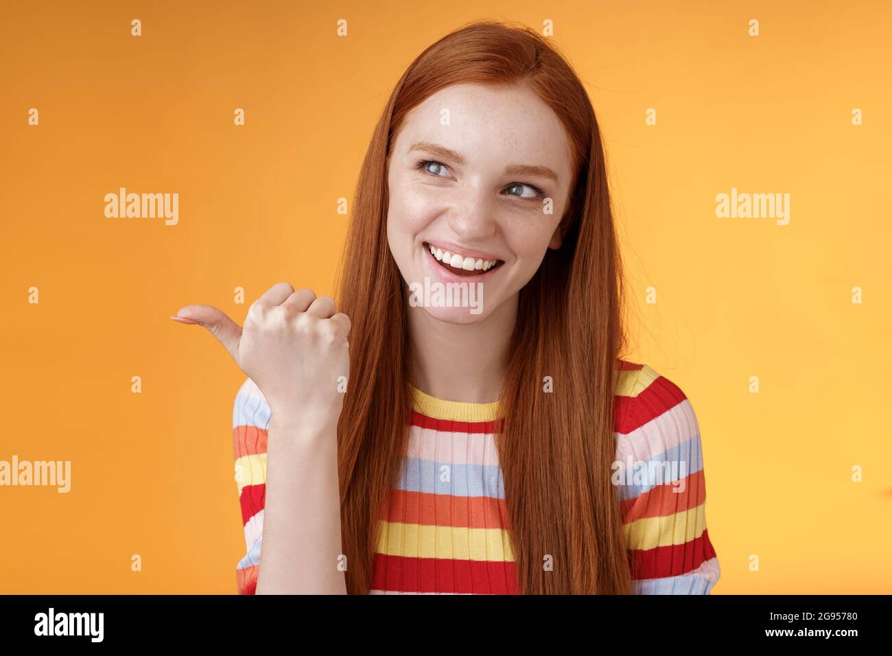 Amused outgoing redhead stylish female student discuss girly things ...