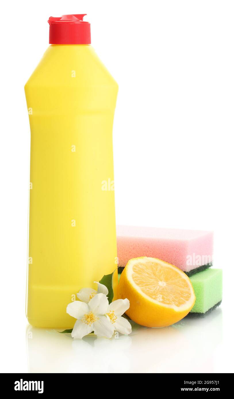 Dishwashing liquid with sponges and lemon with flowers isolated on ...