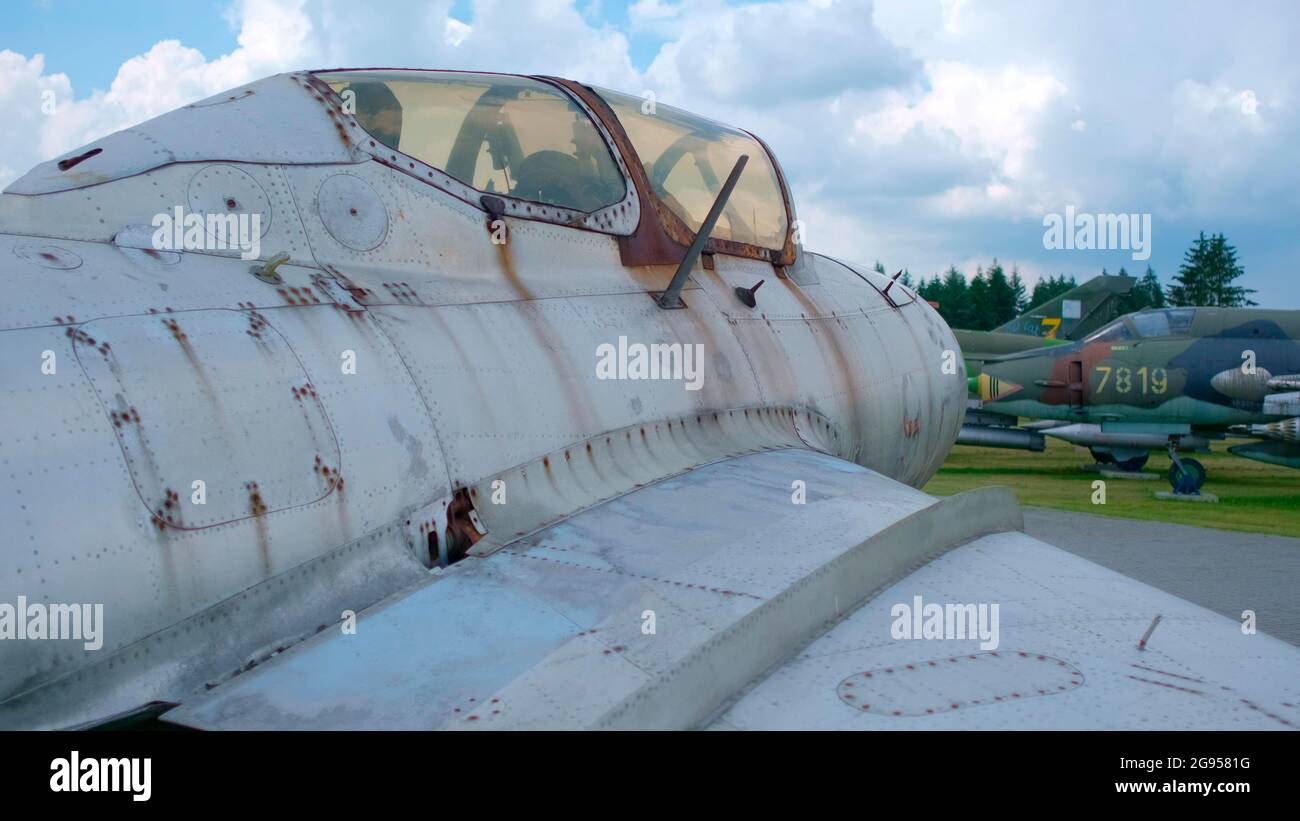 Jet fighter aircraft in open-air military museum. Military aircrafts ...