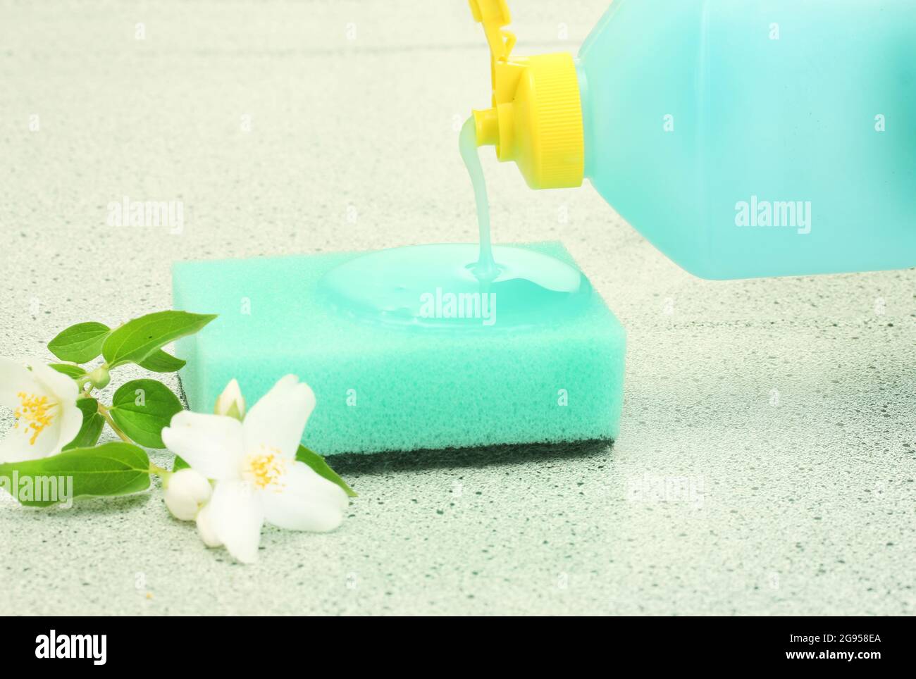 bright sponge and flower with dish washing liquid on marble background ...