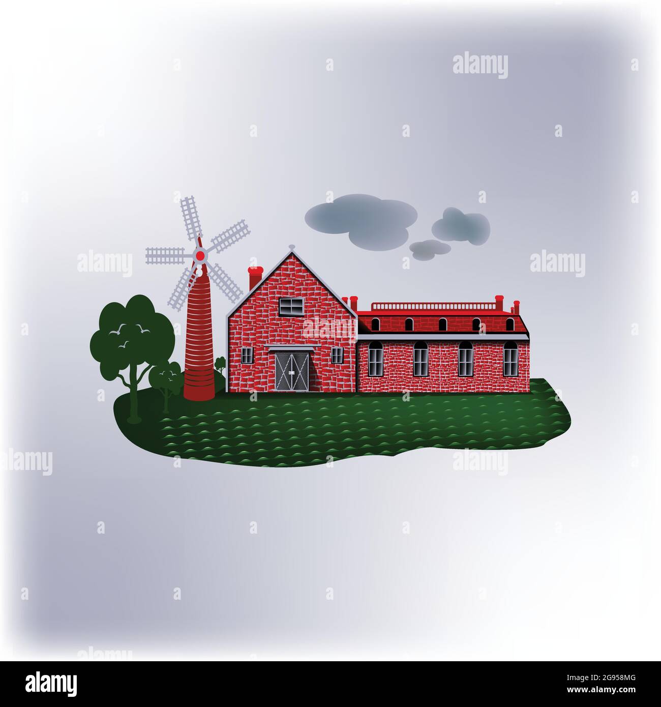 Graphic landscape with farm and field. Graphic design element for the ...