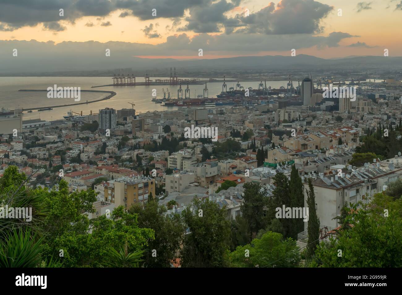 Sunrise view of downtown Haifa, with the harbor. Northern Israel Stock ...